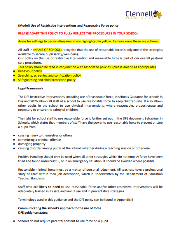 Restrictive interventions and use of reasonable force 2026 Update